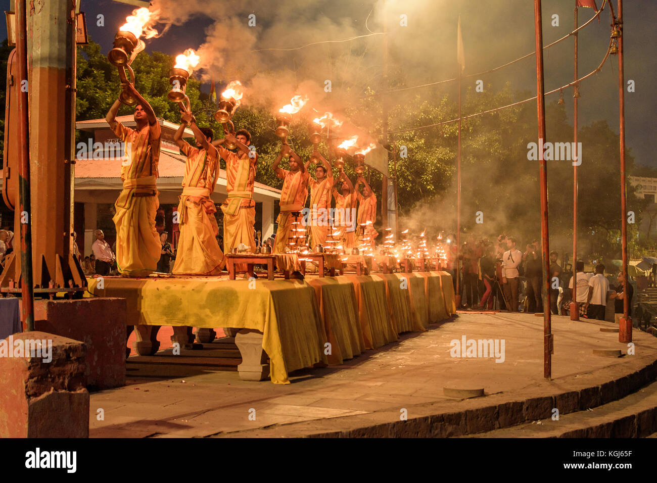 Early morning Aarti puja celebration in Ganges river Stock Photo - Alamy