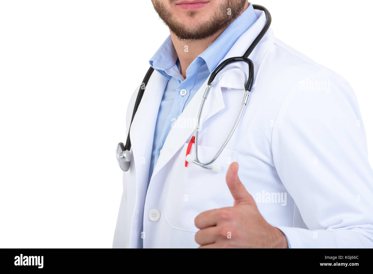 Successful young handsome and stylish bearded doctor in white uniform ...