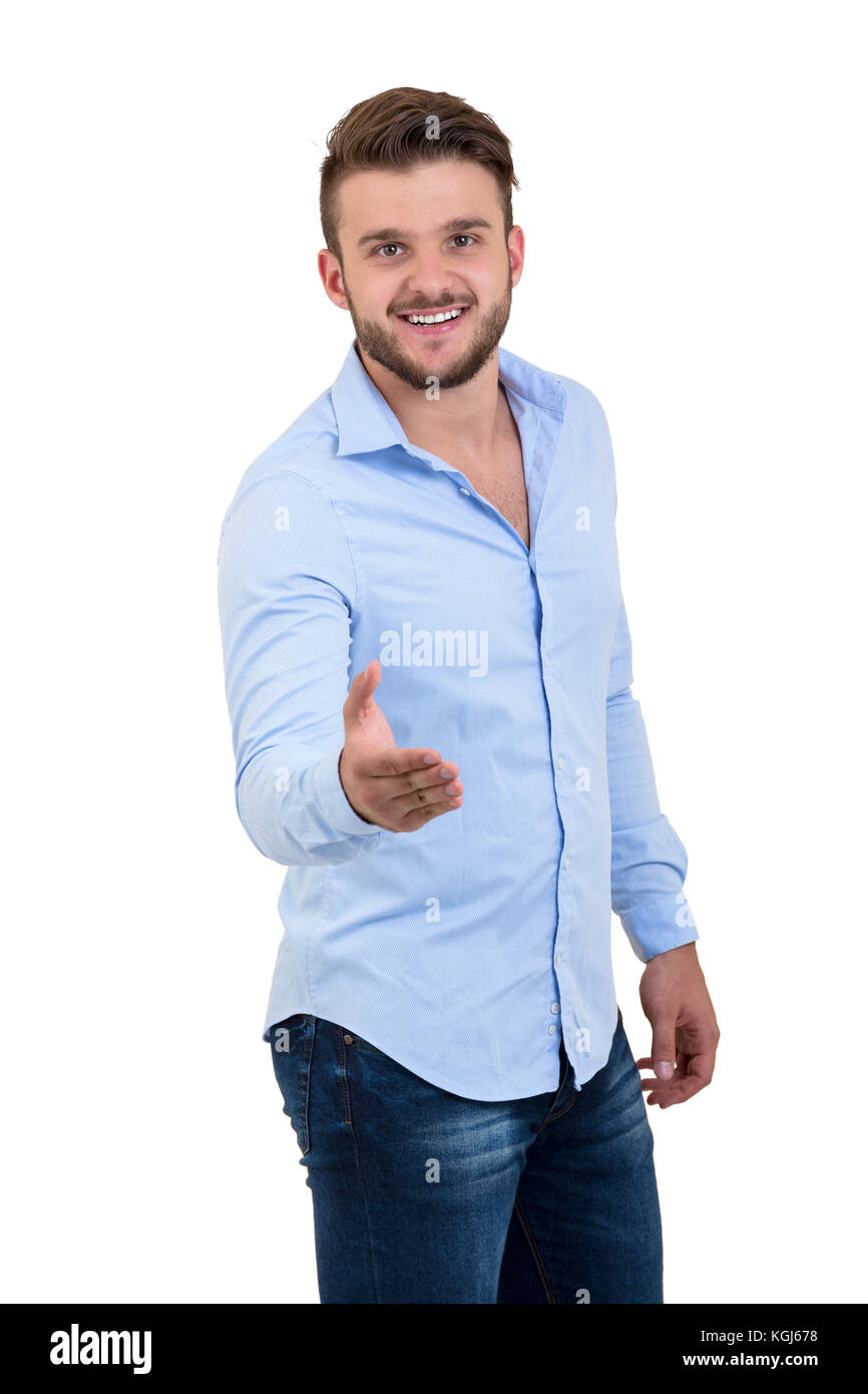 business and office concept - handsome buisnessman with open hand ready ...