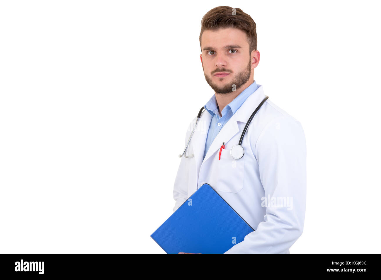 Male Doctor standing with folder, isolated on white background Stock ...