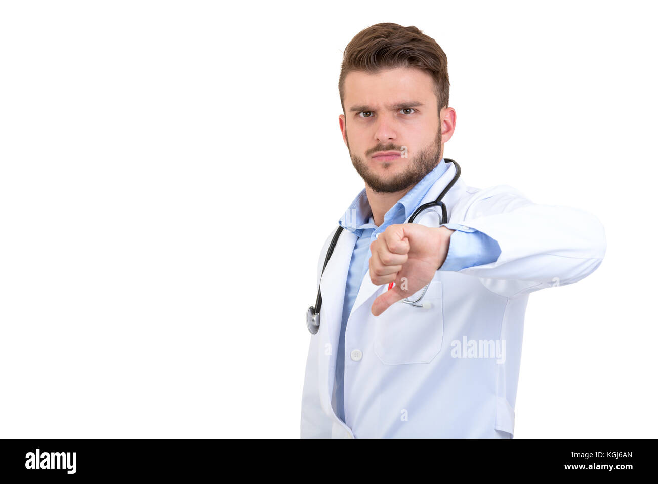 Successful young handsome and stylish bearded doctor in white uniform ...