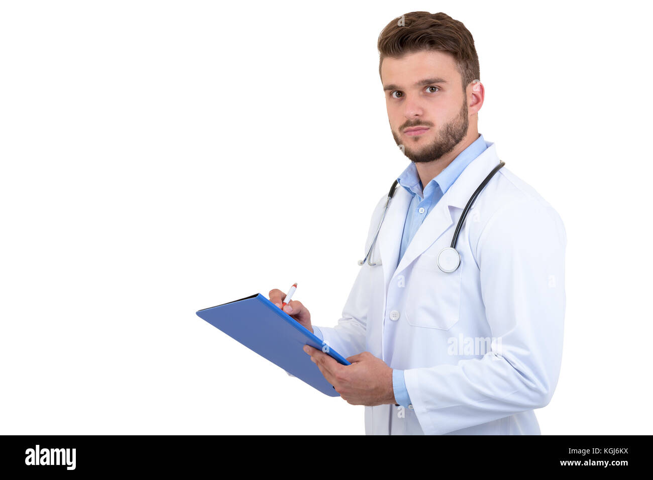 Male Doctor standing with folder, isolated on white background Stock ...