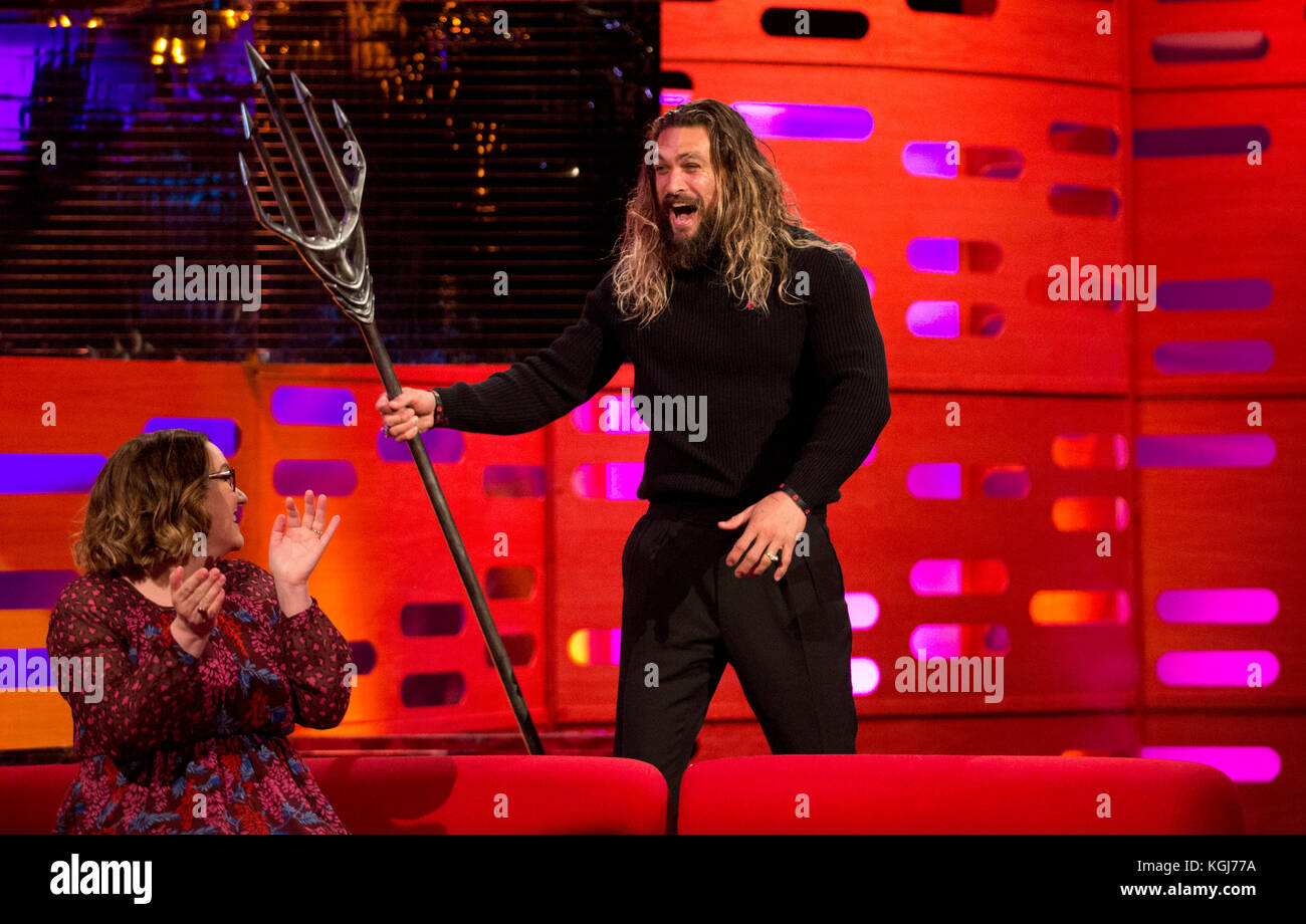 Sarah Millican and Jason Momoa during the filming of the Graham Norton ...
