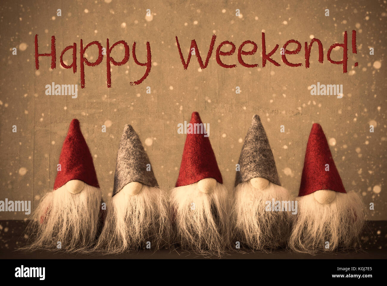 Gnomes, Snowflakes, Text Happy Weekend Stock Photo - Alamy