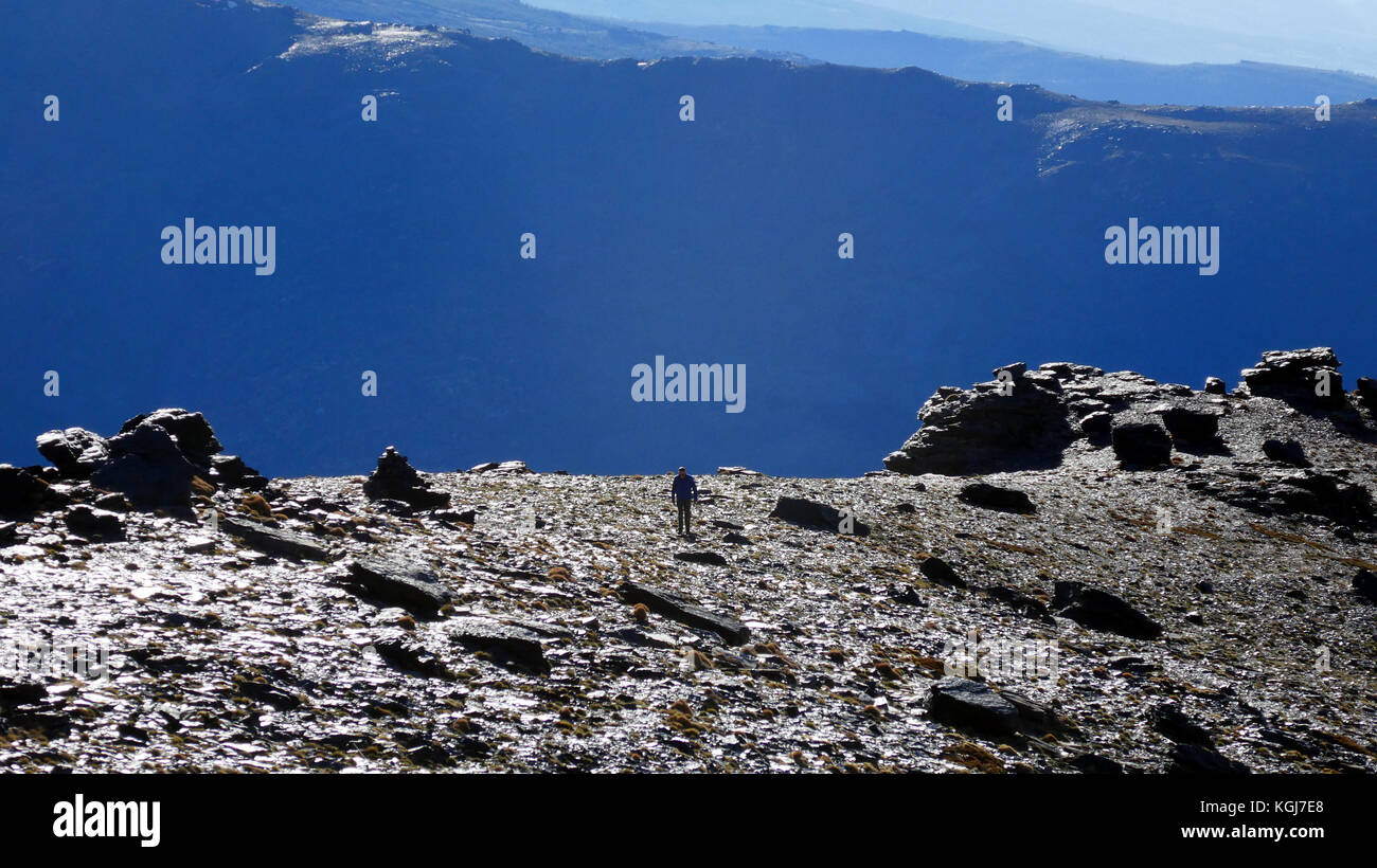 Hiker below Mulhacen, the highest mountain in mainland Spain Stock ...