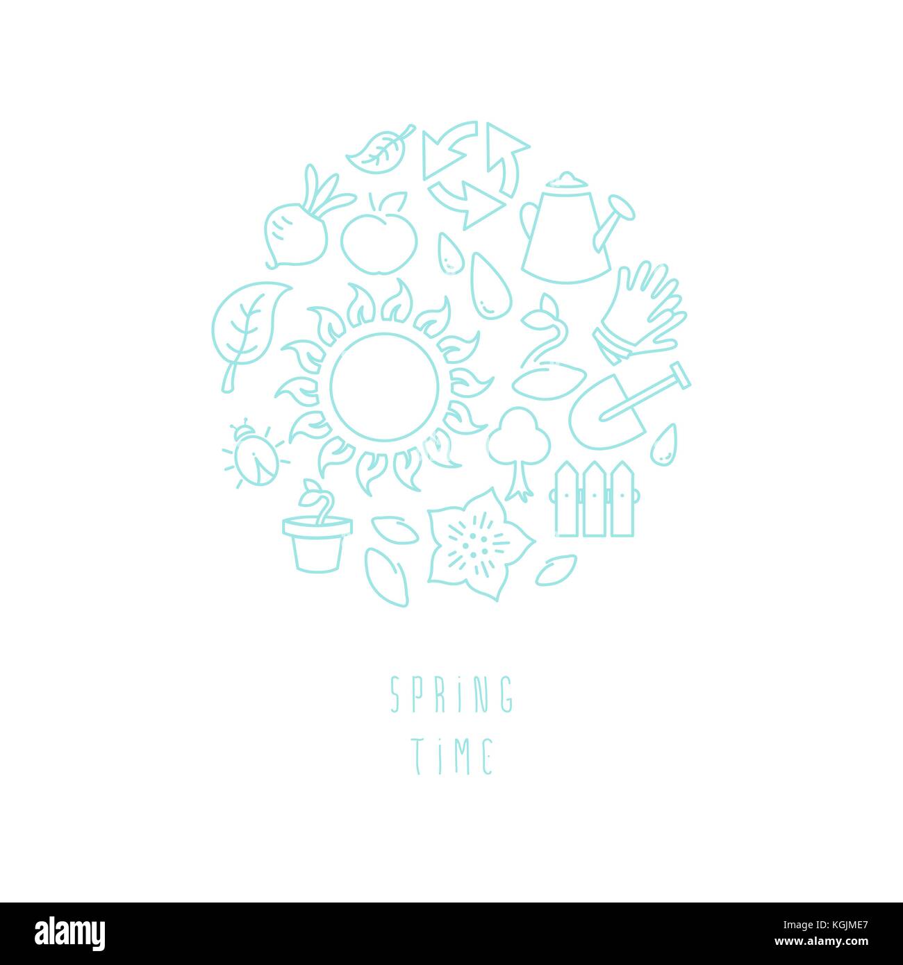Vector illustration of round vignette of gardening symbols and icons ...