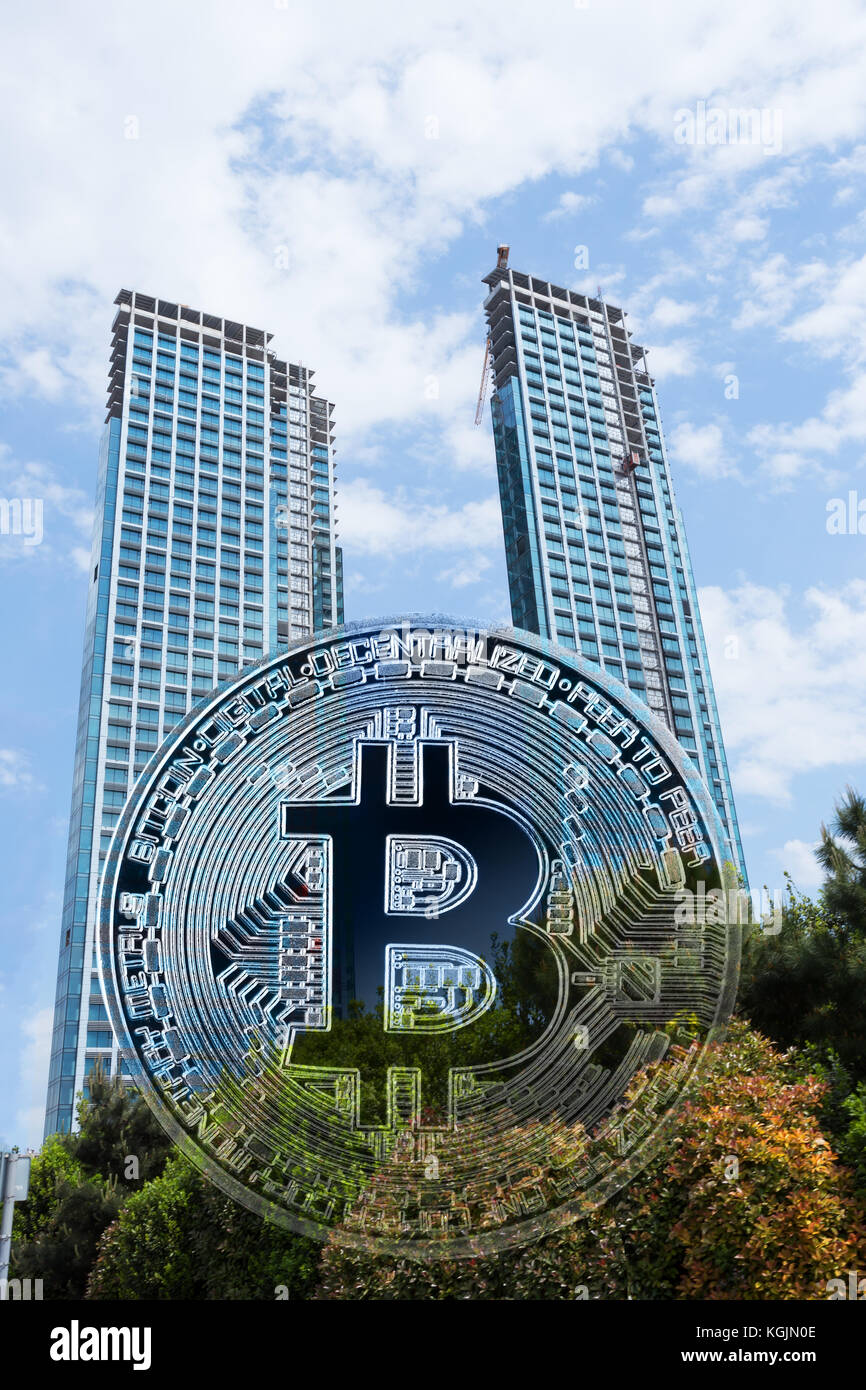 Bitcoin against the background of the building under construction ...