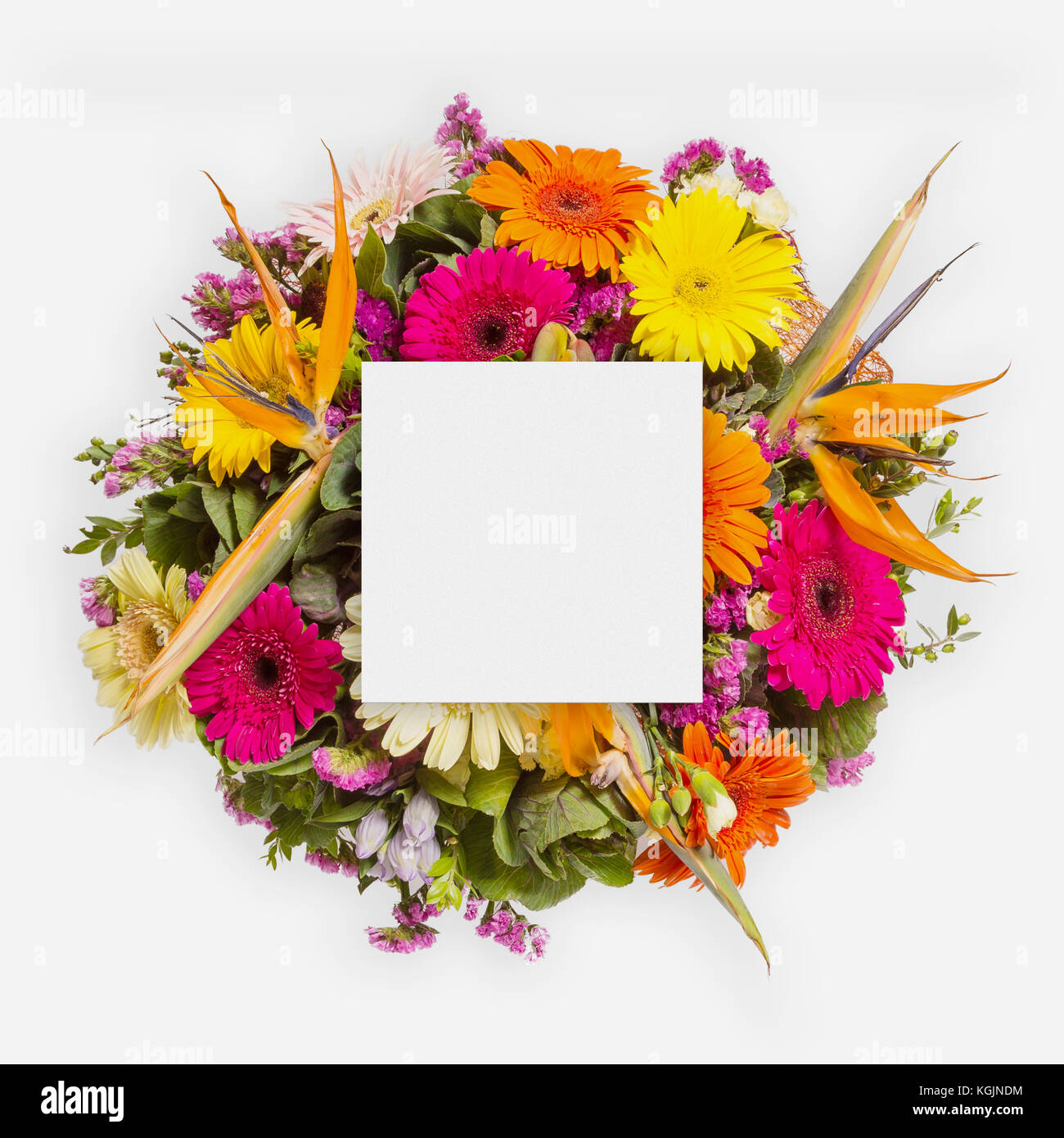 Creative layout made of flowers and leaves with paper card note. Flat ...