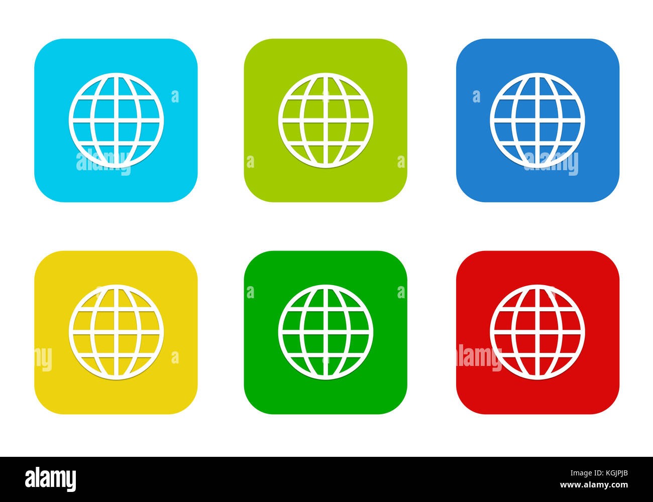 Set of rounded square colorful flat icons with world symbol in blue ...
