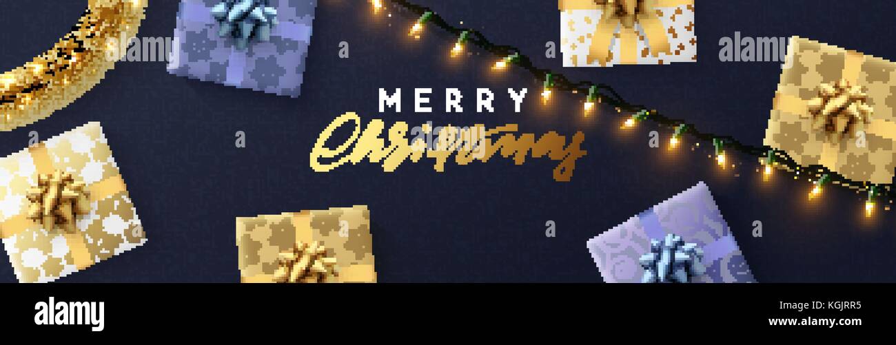 Christmas banner, Xmas sparkling lights garland with gifts and golden ...