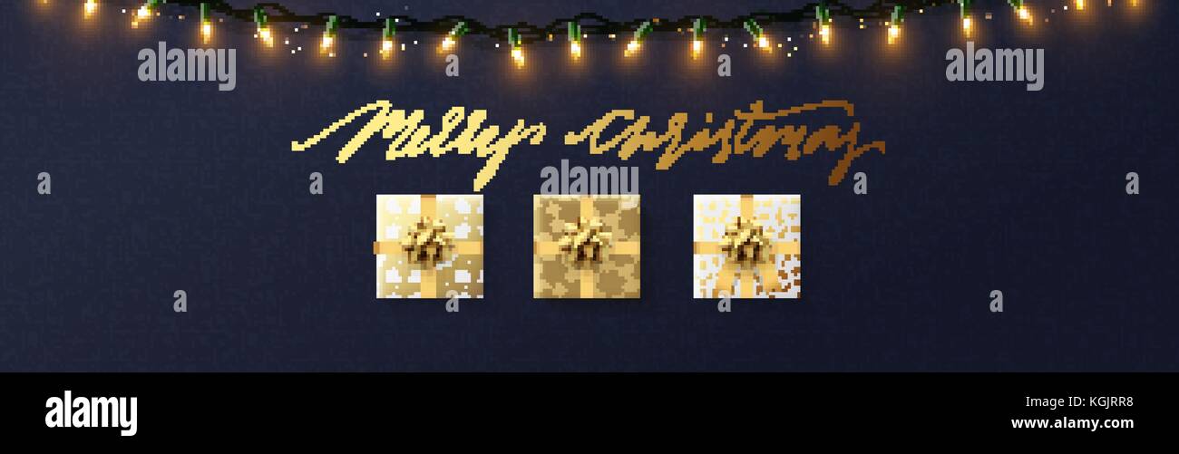 Christmas banner, Xmas sparkling lights garland with gifts box Stock ...