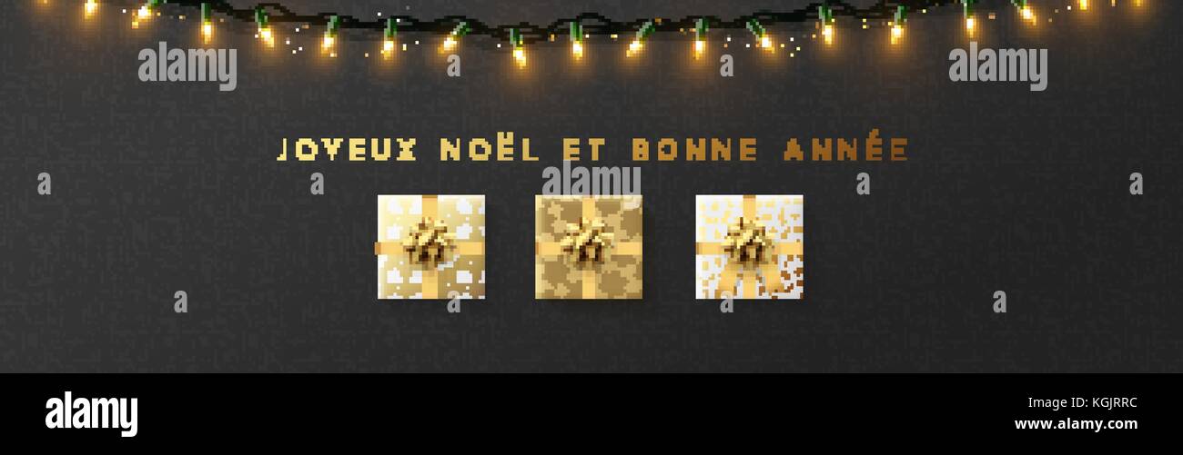 French Joyeux Noel banner, Xmas sparkling lights garland with gifts and ...