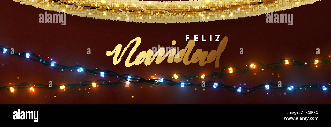 Spanish Feliz Navidad banner, Xmas sparkling lights garland and golden ...