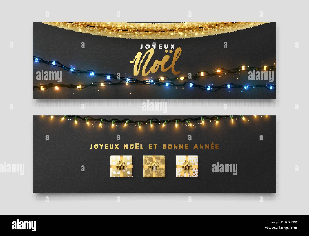 French Joyeux Noel banner, Xmas sparkling lights garland with gifts and ...