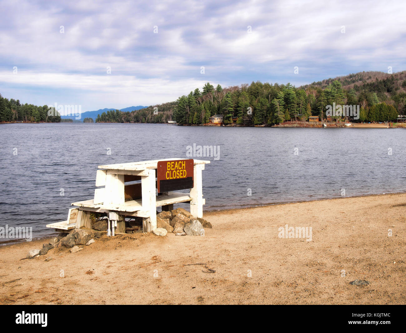 The beach at Long Lake in the Adirondacks closed for fall Stock Photo ...
