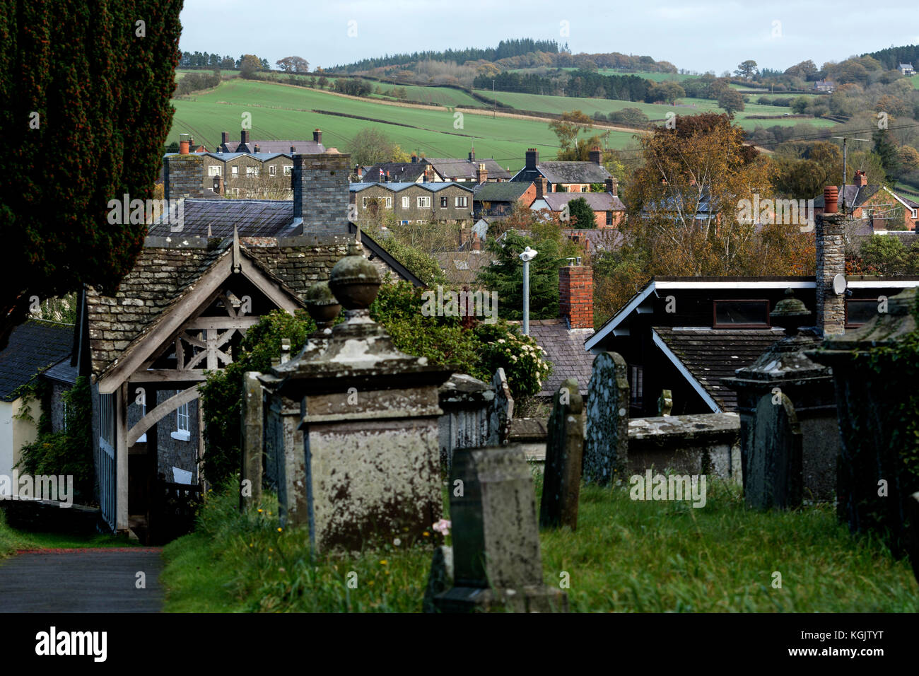 Clun town from St. George`s churchyard, Shropshire, England, UK Stock ...