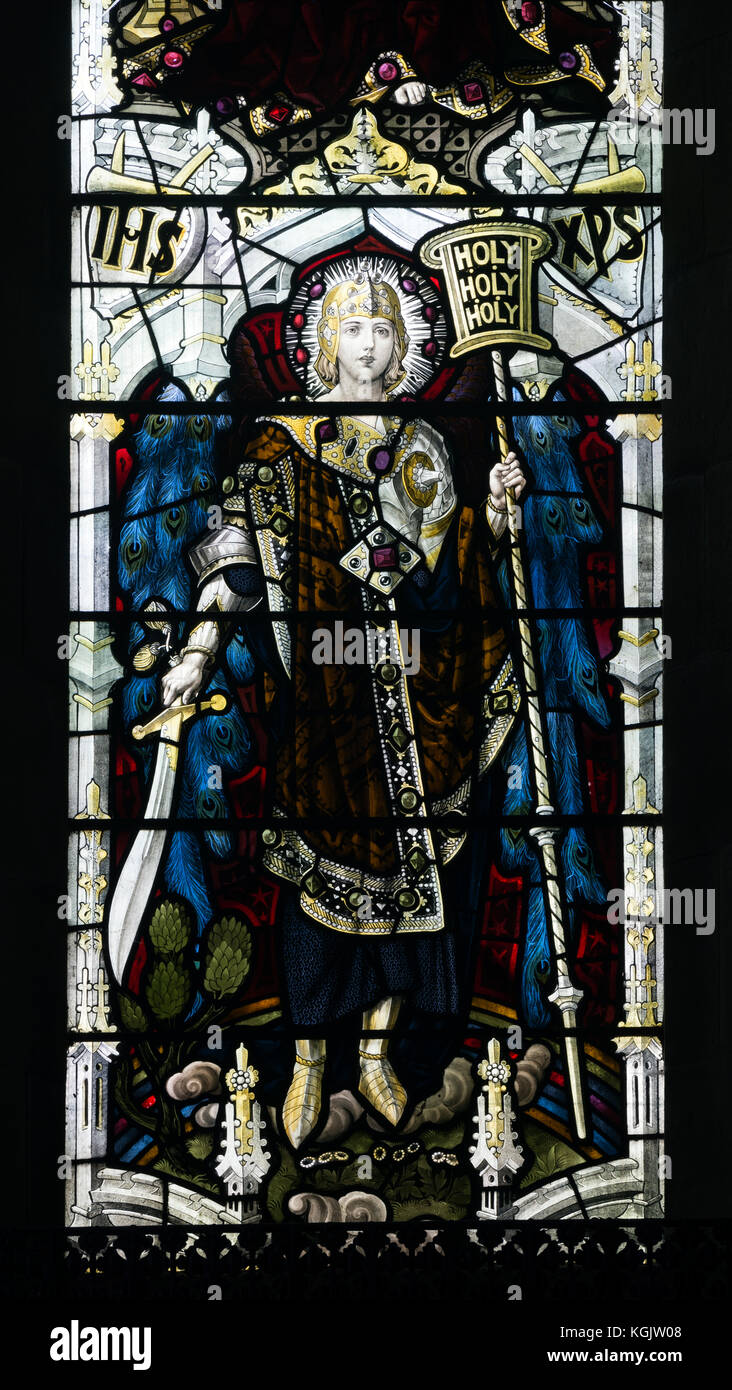 East window detail, St. George`s Church, Clun, Shropshire, England, UK ...