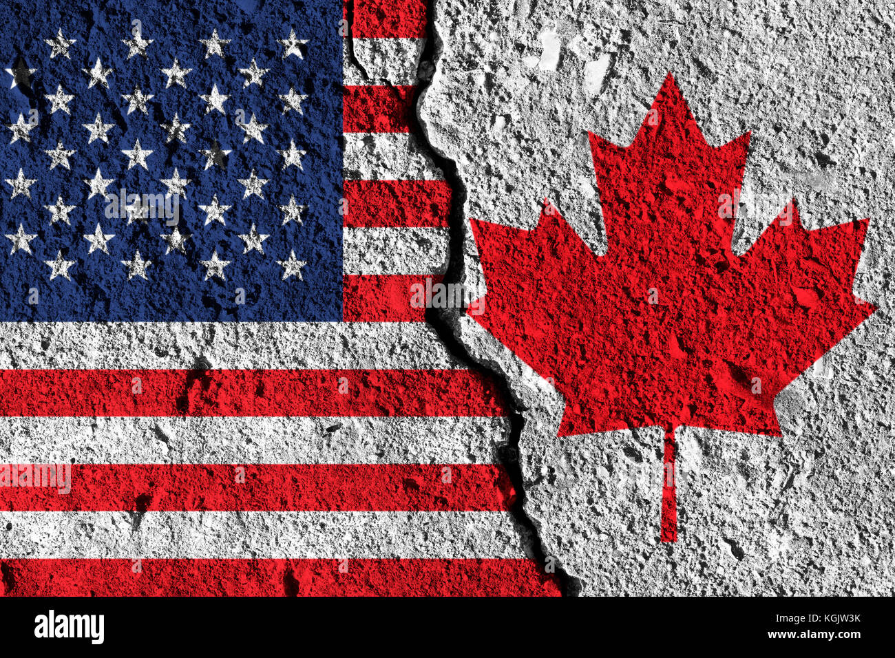 Crack between America and Canada flags. political relationship concept ...