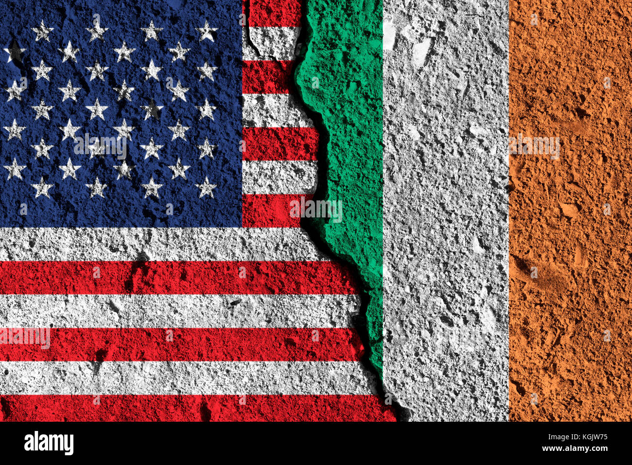 Crack between America and Ireland flags. political relationship concept ...