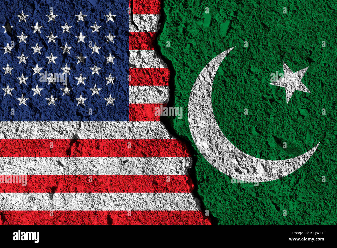Crack between America and Pakistan flags. political relationship ...