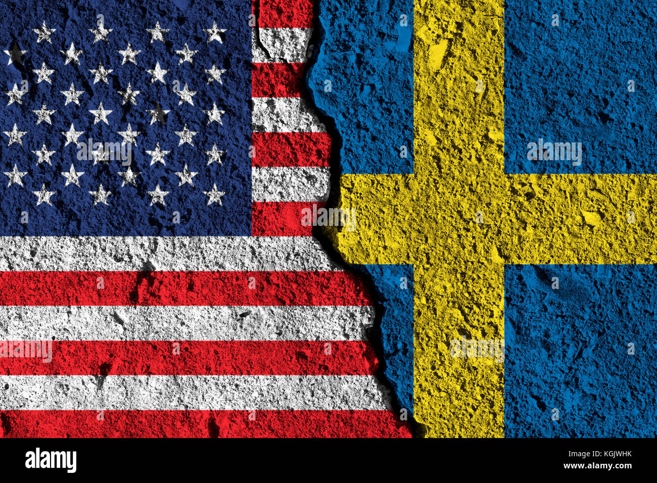 Crack between America and Sweden flags. political relationship concept ...