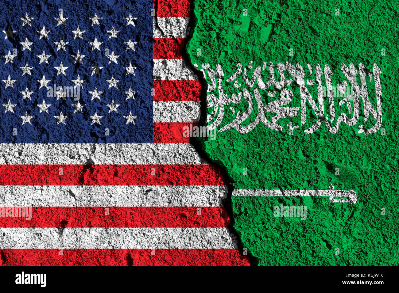 Crack between America and Saudi Arabia flags. political relationship ...