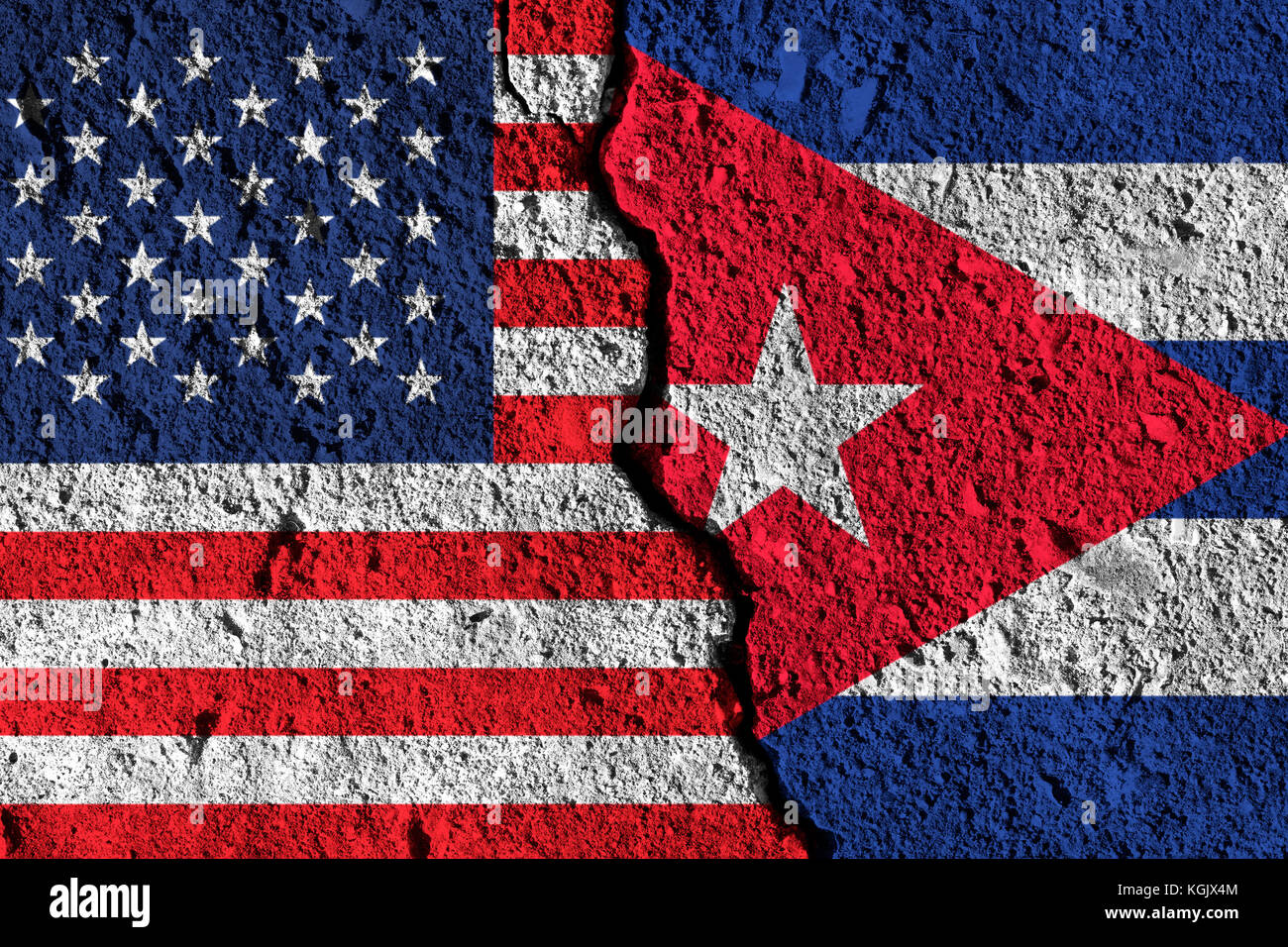 Crack between America and Cuba flags. political relationship concept ...