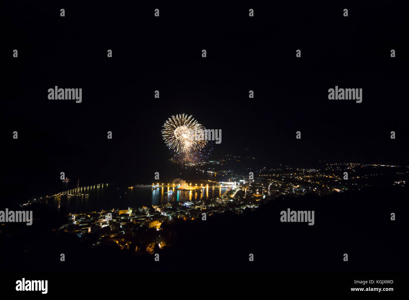 big beautiful fireworks in a religious celebration of a greek island ...