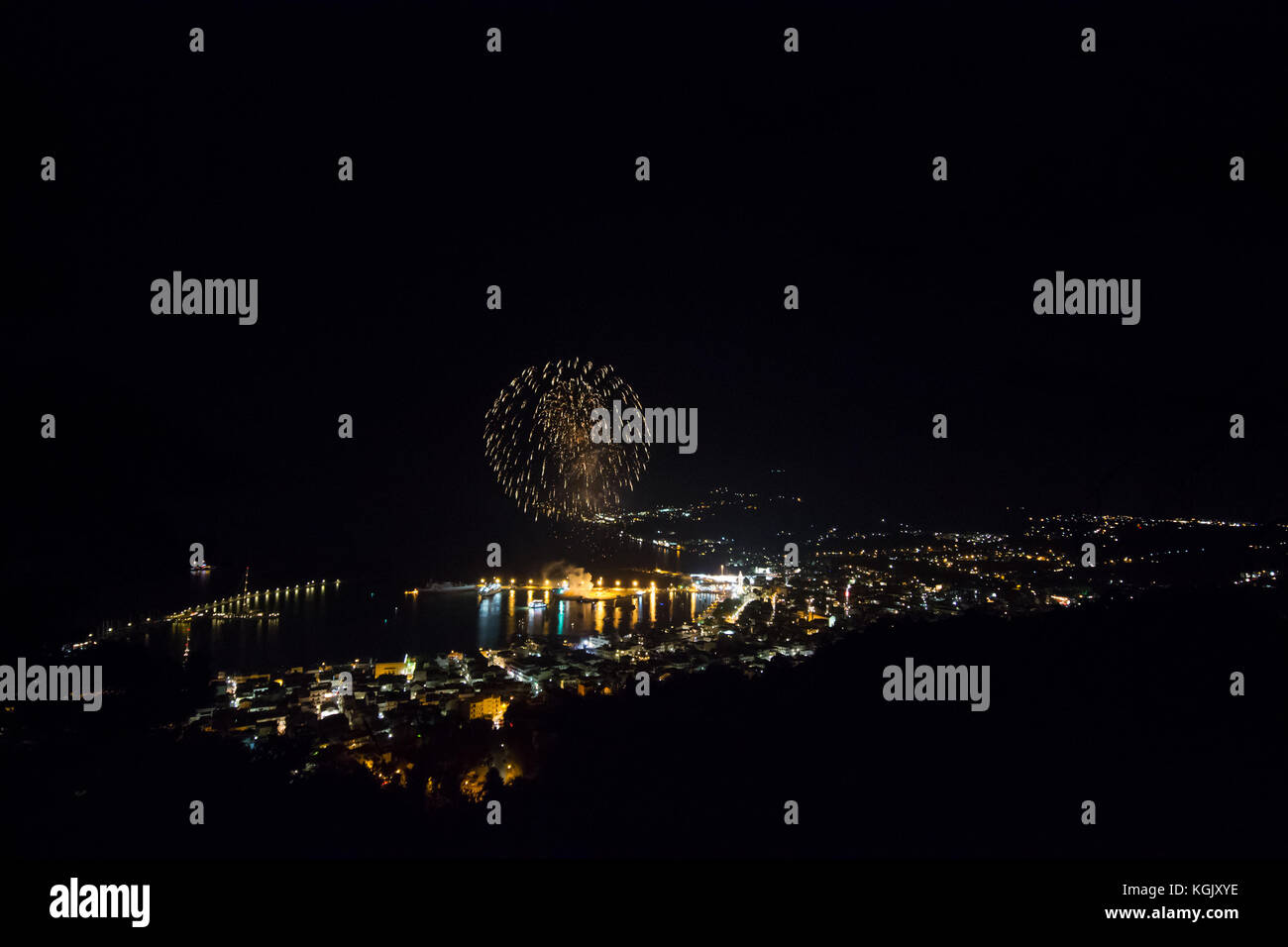 big beautiful fireworks in a religious celebration of a greek island ...