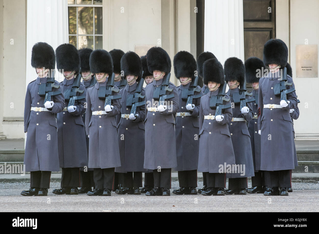Soldiers of the 1st battalion Coldstream guards wait on the parade ...