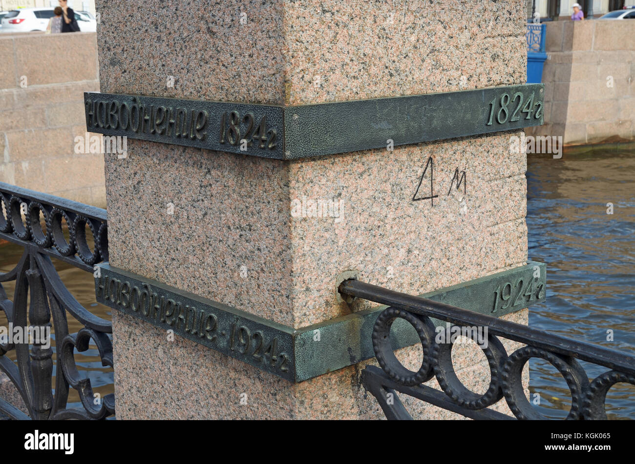 The column shows the water level in the river in a flood Stock Photo ...