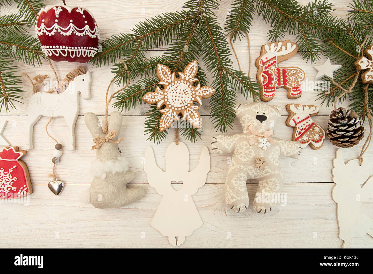 Overhead of Christmas New Year holiday background. Decoration with red ...