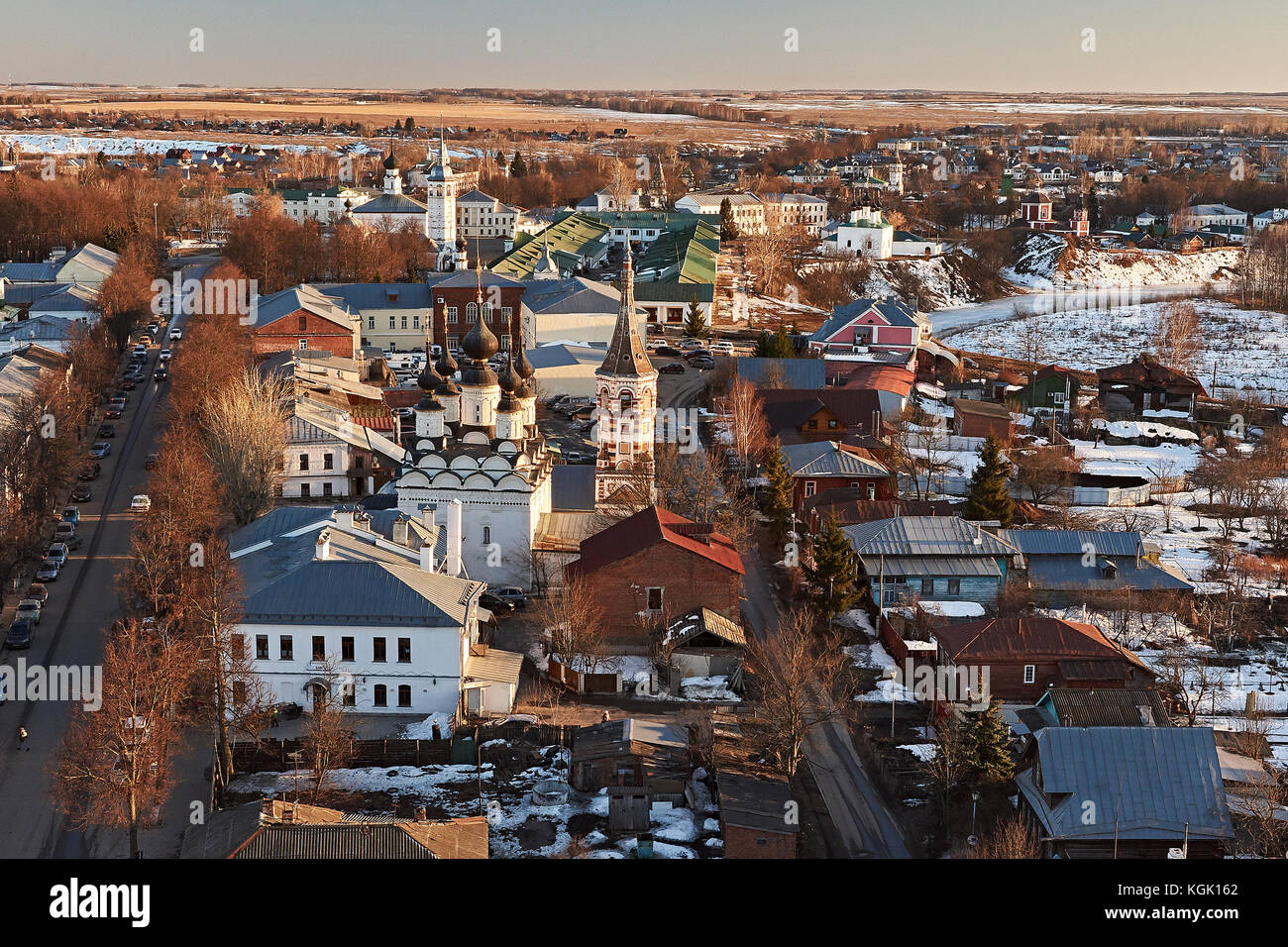 Panorama of Suzdal from the air. Houses, temples, streets, trees are ...