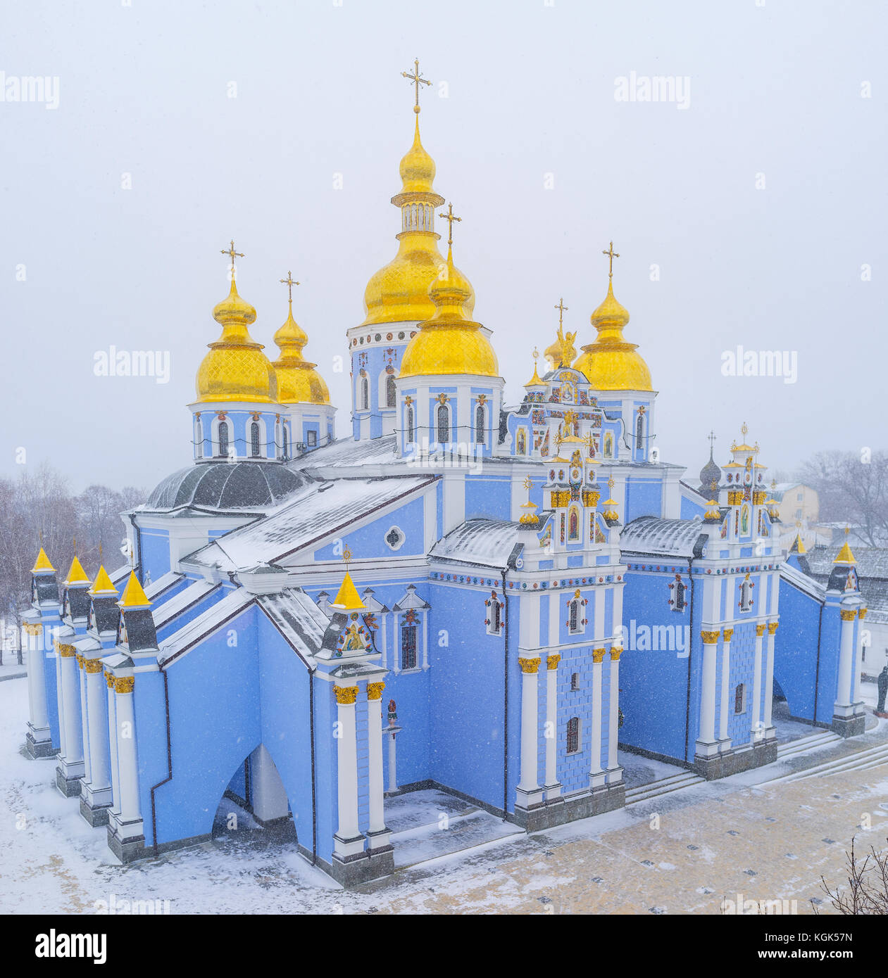 The bright blue St Michael Golden Domed Cathedral from its bell tower ...