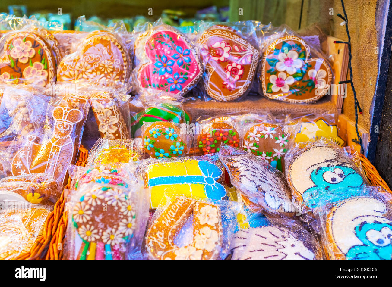Variety of forms of gingerbreads in candy shop at Christmas Festival in ...
