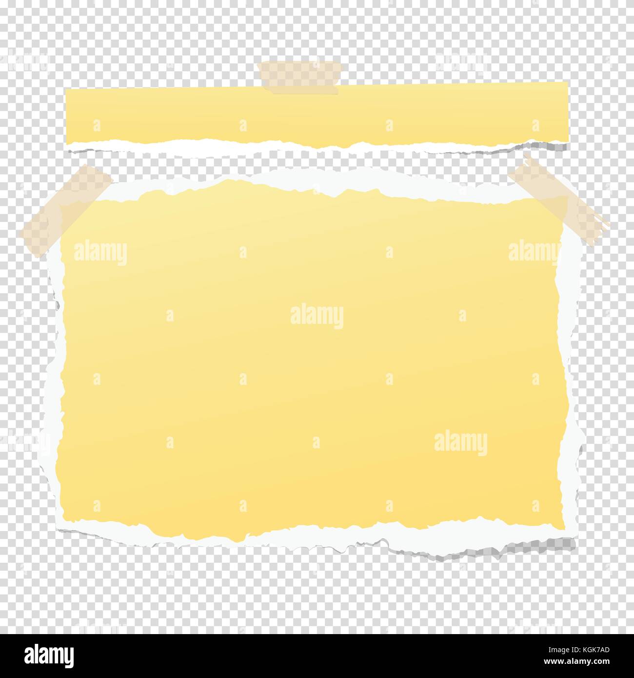 Yellow ripped notebook paper sheets, note for text or message stuck on ...