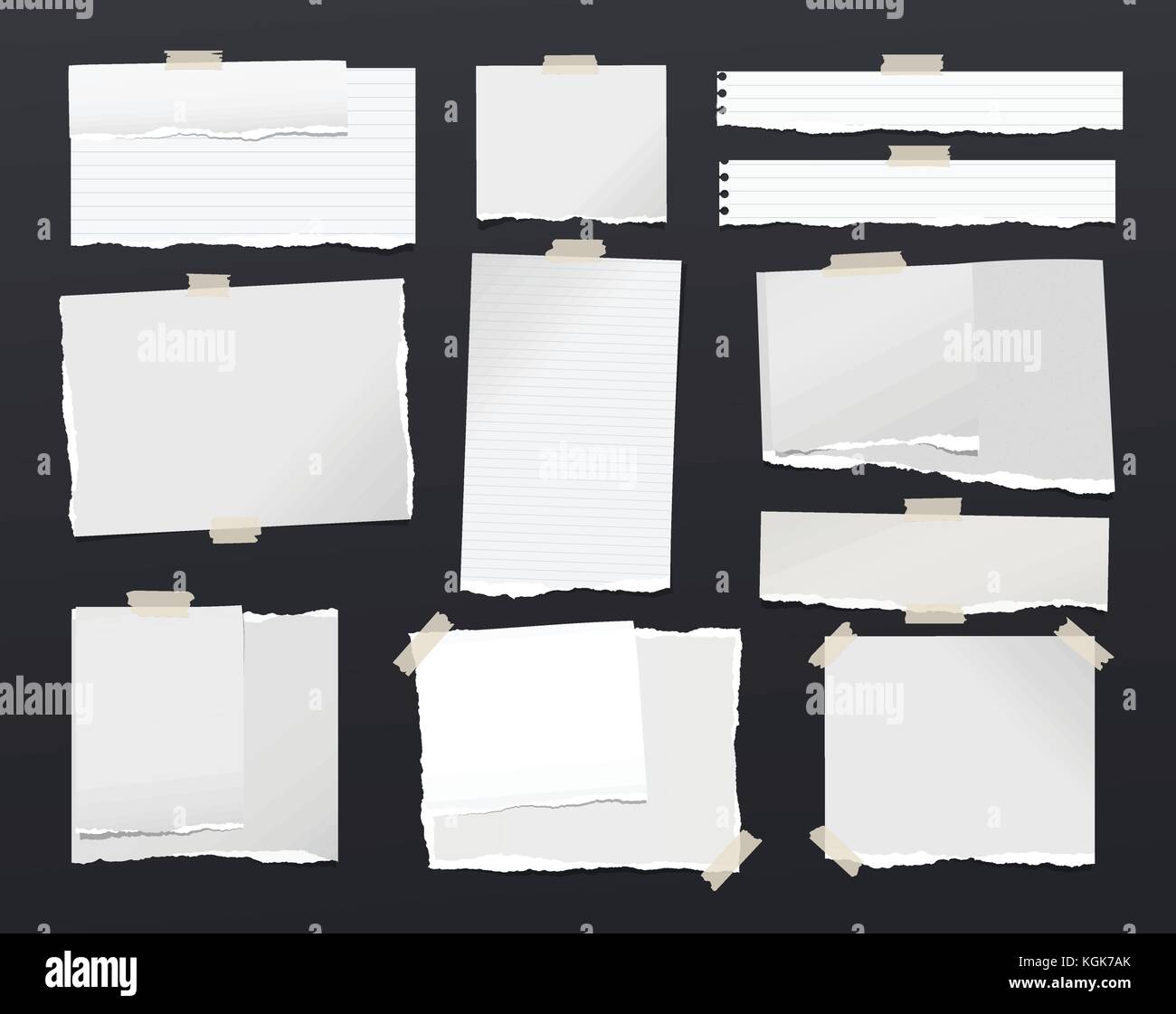 White ripped notebook paper sheets, note for text or message stuck with ...