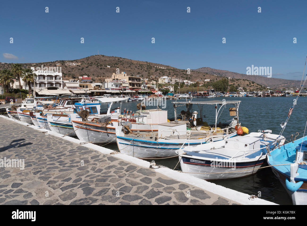 The fishing boat harbour at Elounda a seaside resort in northern Crete ...