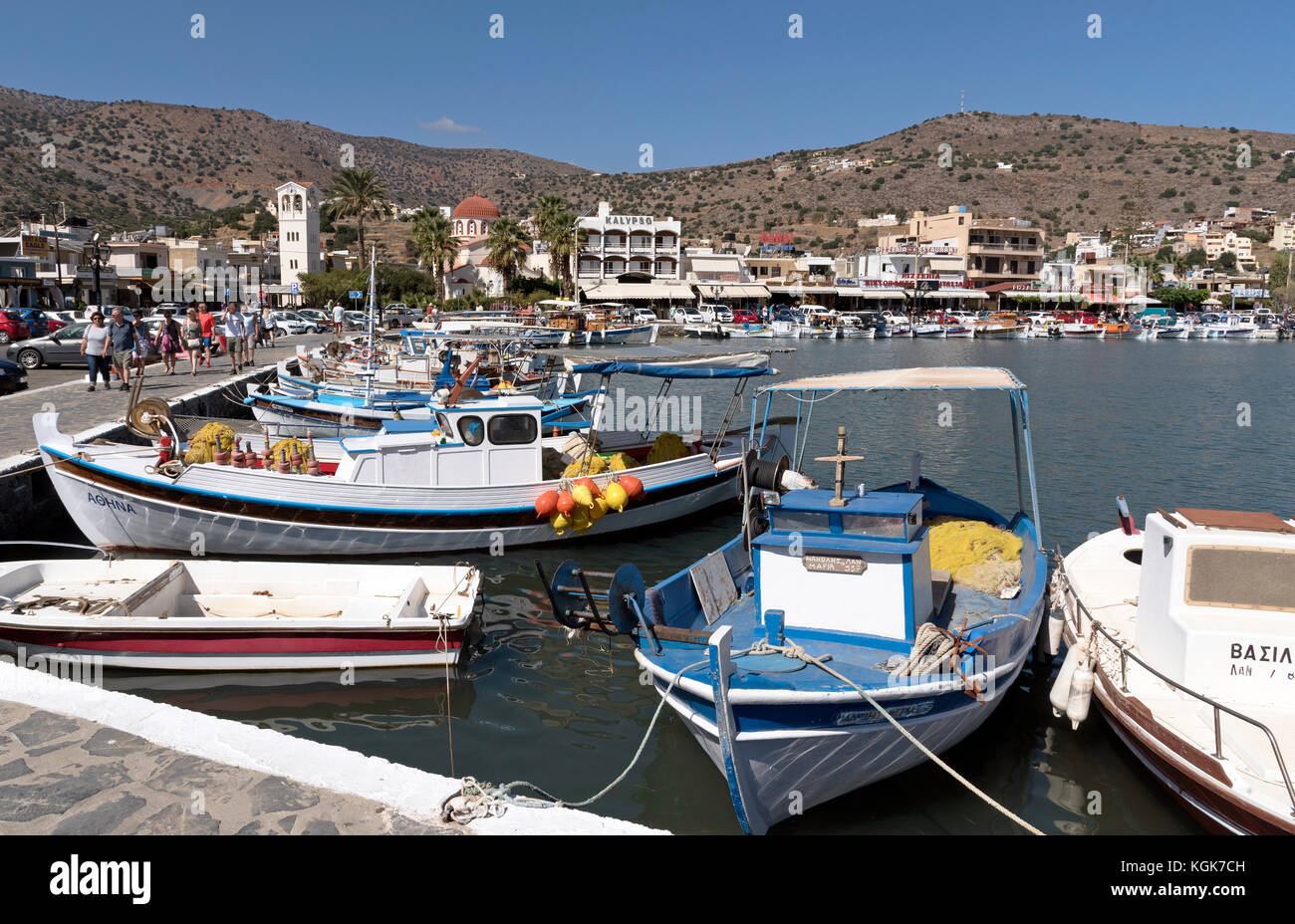 The fishing boat harbour at Elounda a seaside resort in northern Crete ...