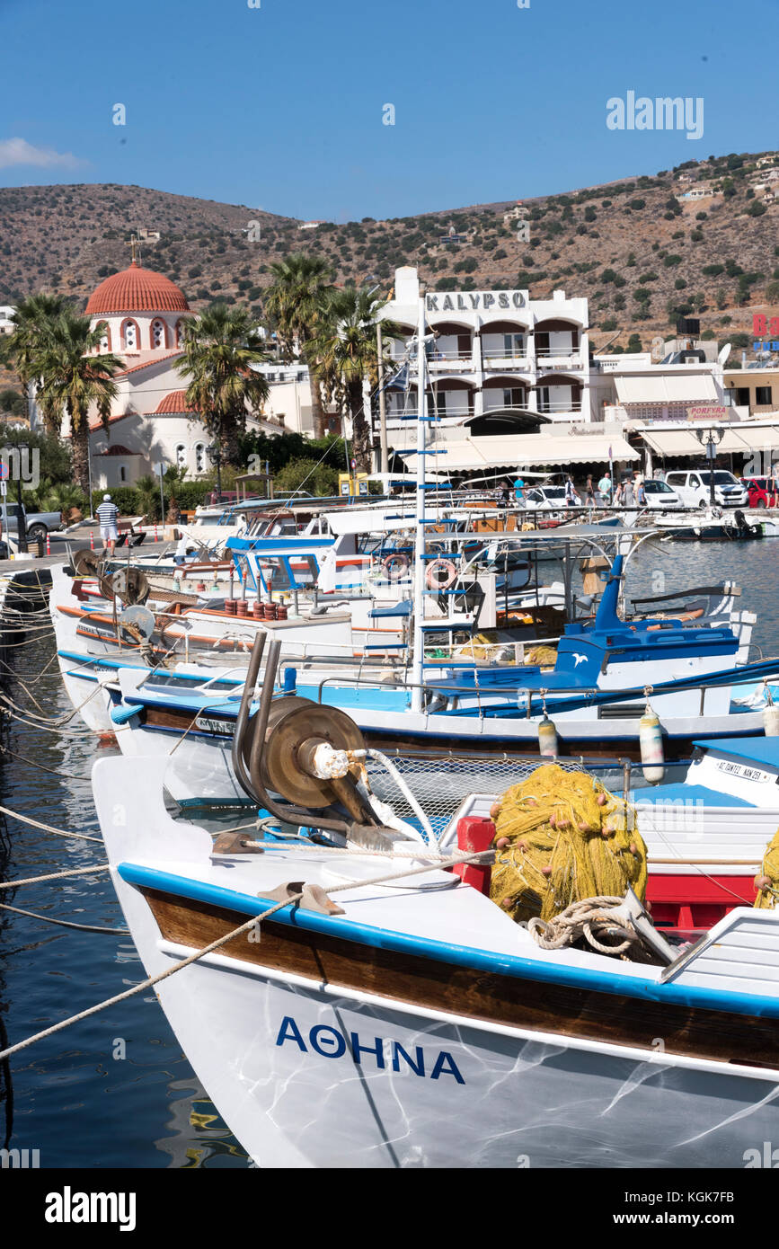 The fishing boat harbour at Elounda a seaside resort in northern Crete ...