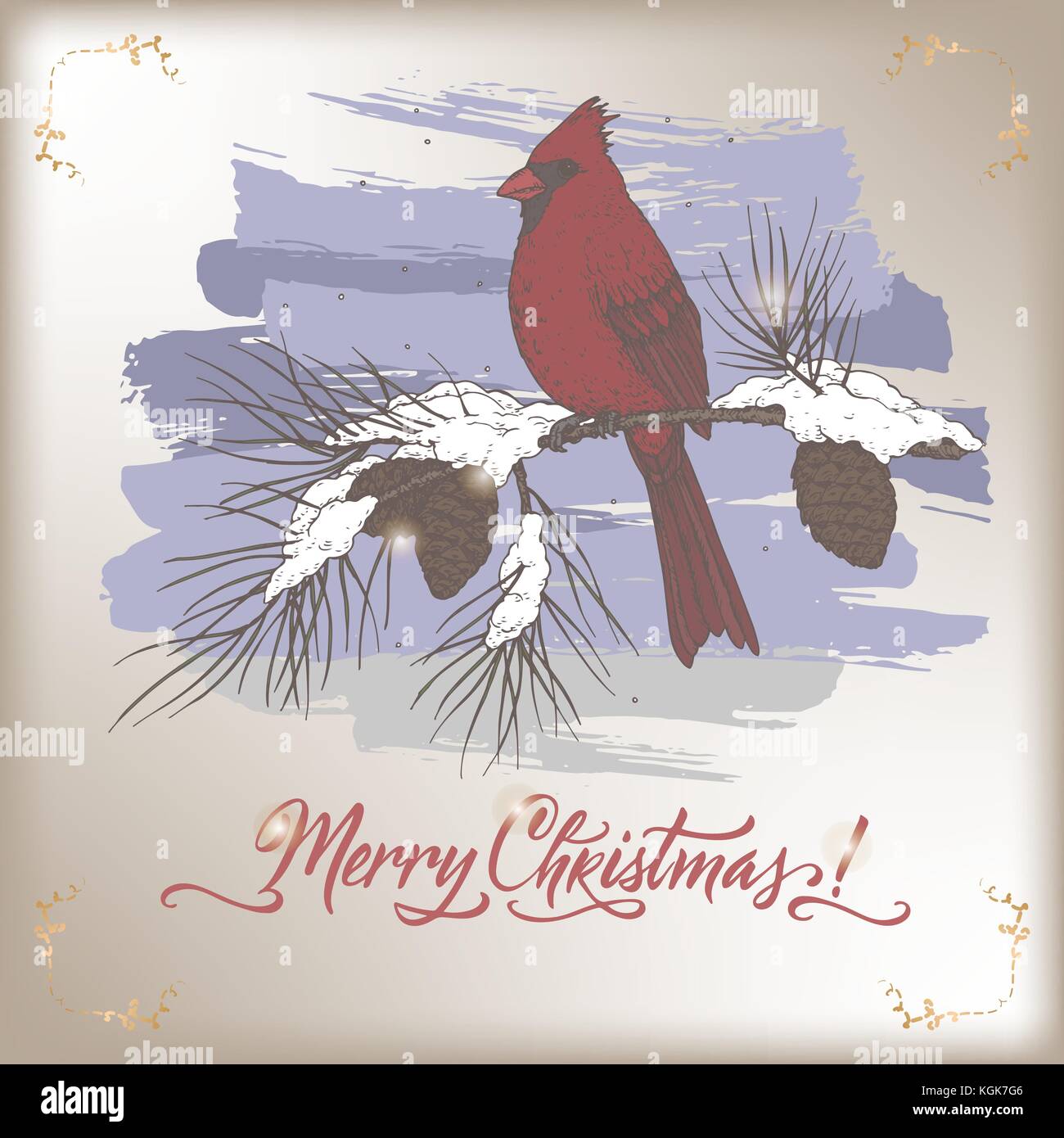 Vintage color Christmas card with cardinal bird on mailbox, pine branch ...