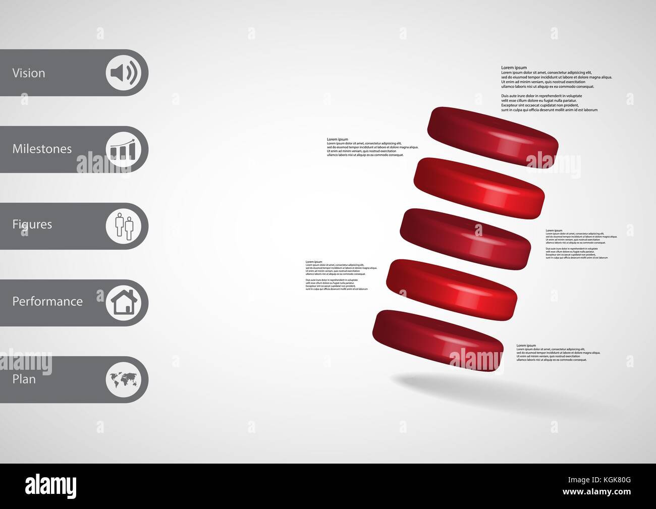 3D illustration infographic template with motif of five red cylinders ...