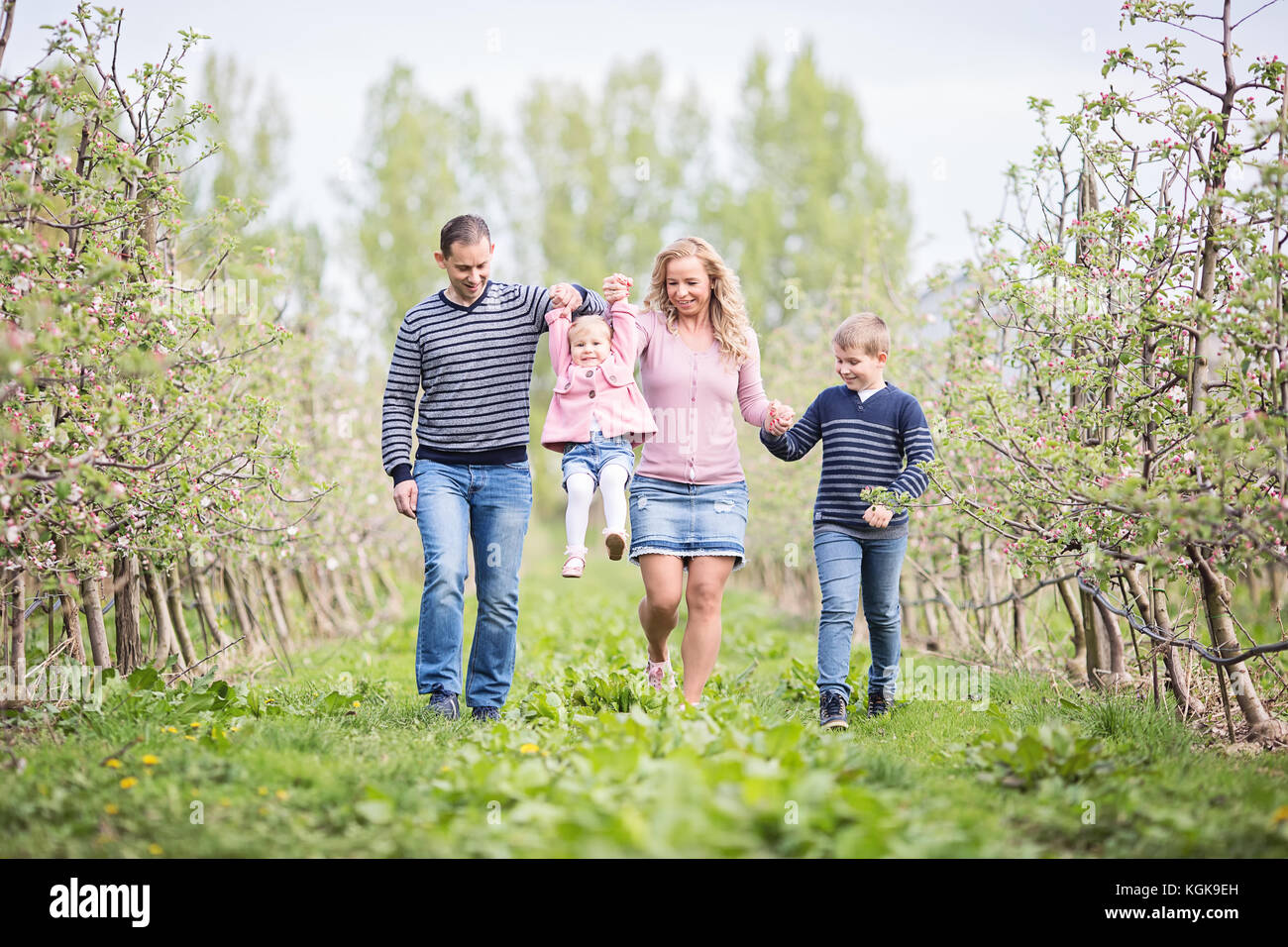 Happy young four member family standing together outdoors in orchard ...
