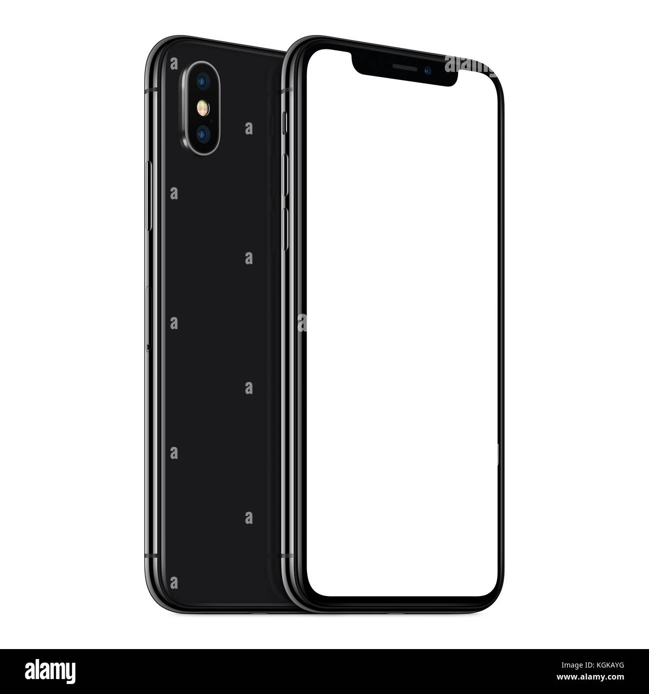Black rotated smartphones mockup similar to iPhone X front and back ...