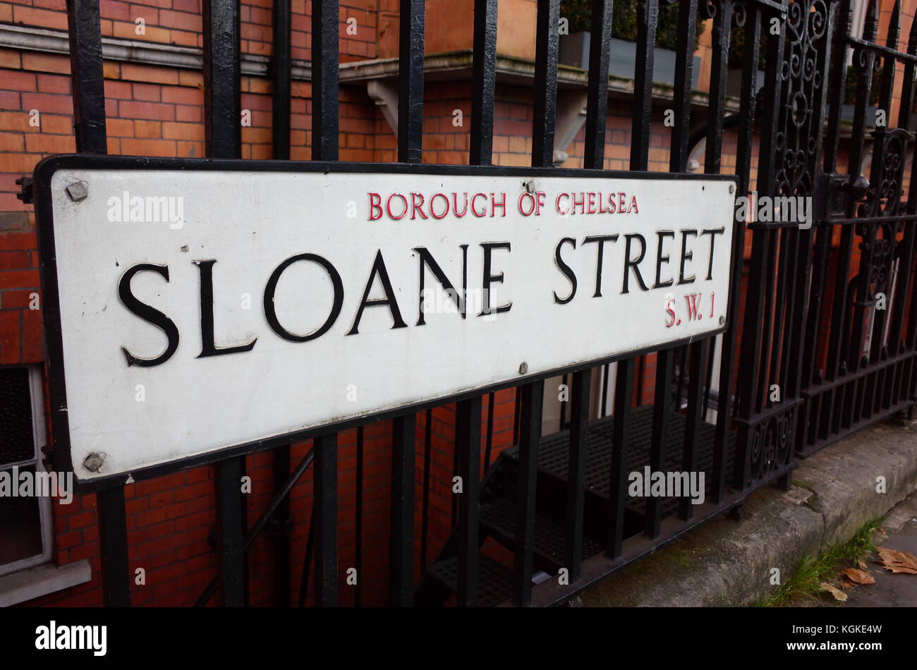 Sloane Street sign on an iron railing fence, Chelsea, London, England ...