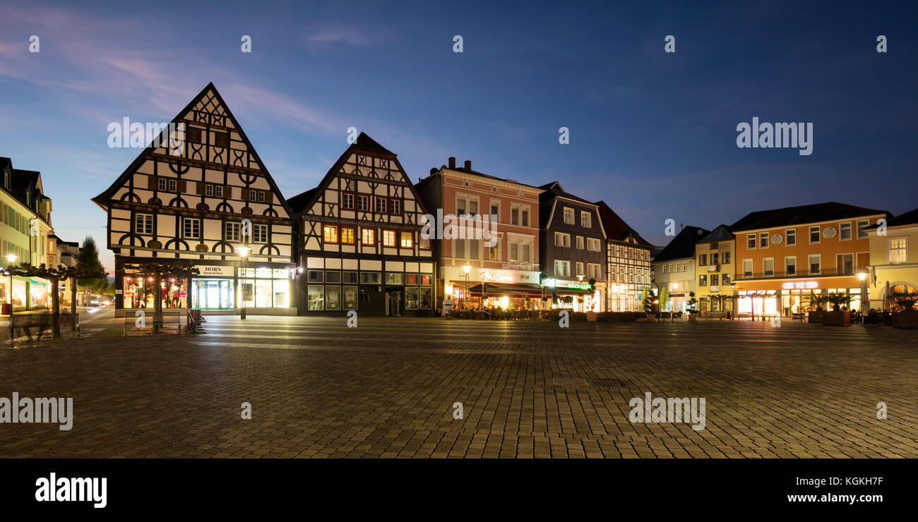 Half-timbered houses, Alter Markt, twilight, Unna, district of Unna ...