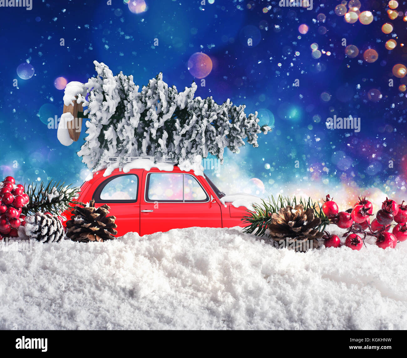 Vintage Car that transport a Christmas tree Stock Photo - Alamy