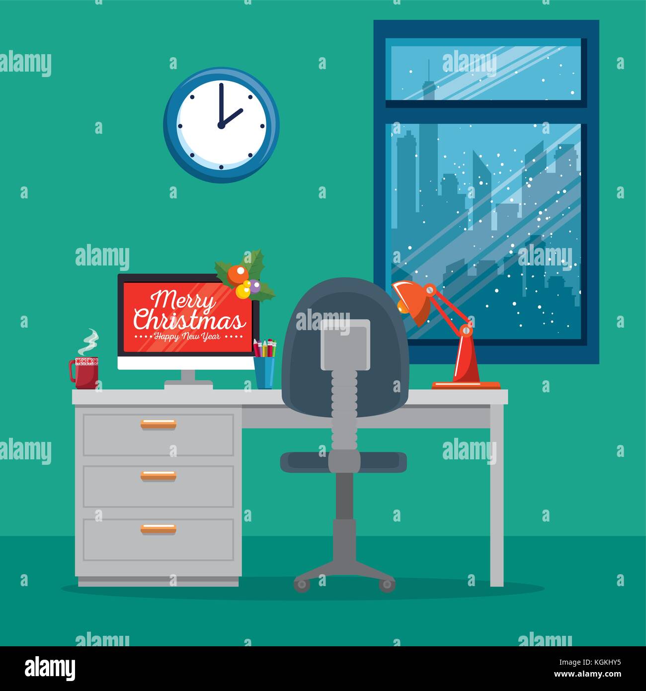 merry christmas decorated workplace office vector illustration graphic ...
