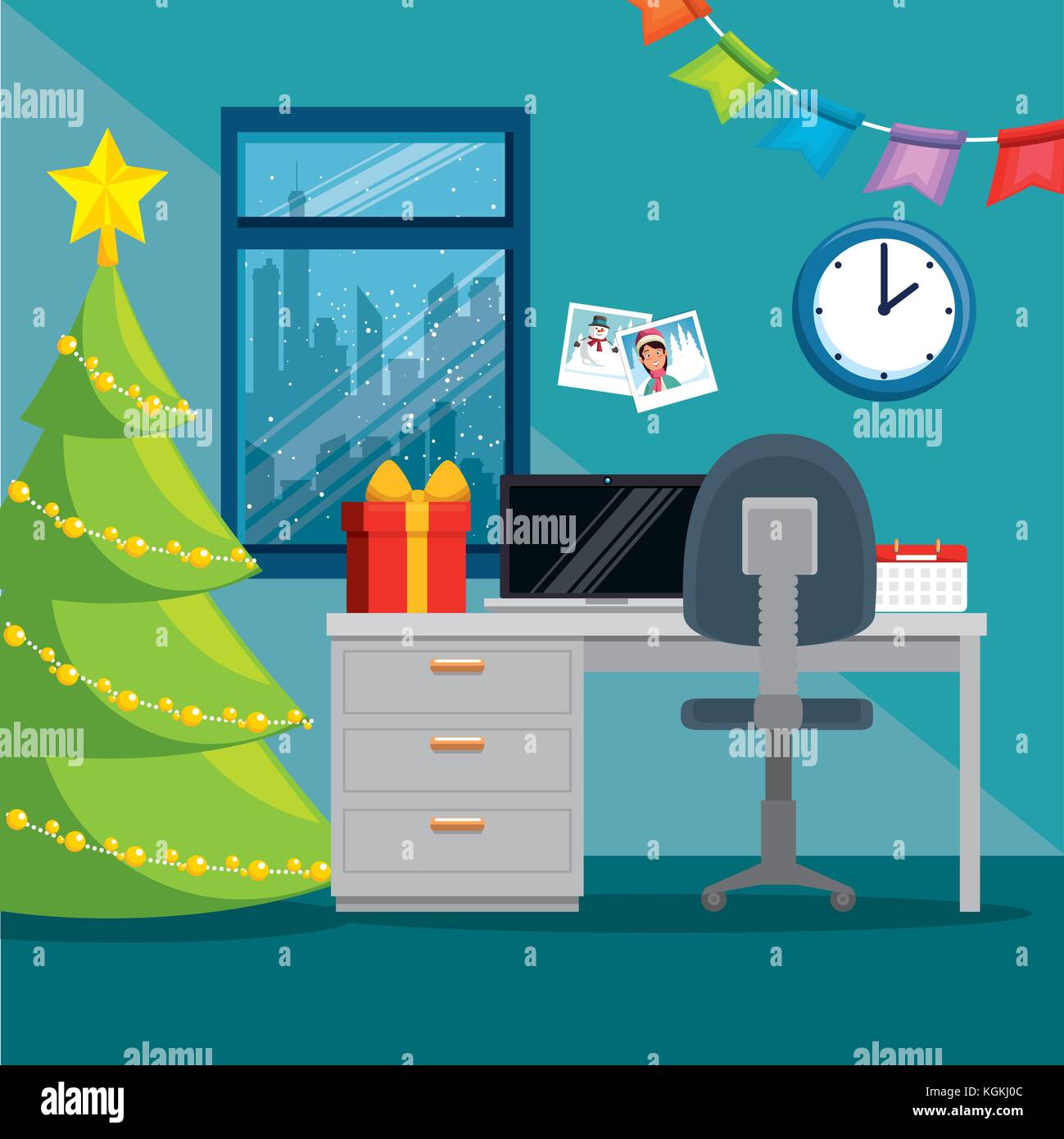 merry christmas decorated workplace office vector illustration graphic ...