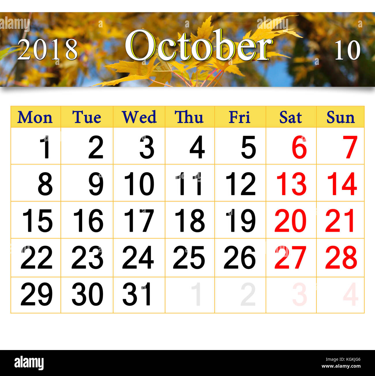 calendar for October 2018 with the image of yellow maple leaves Stock ...